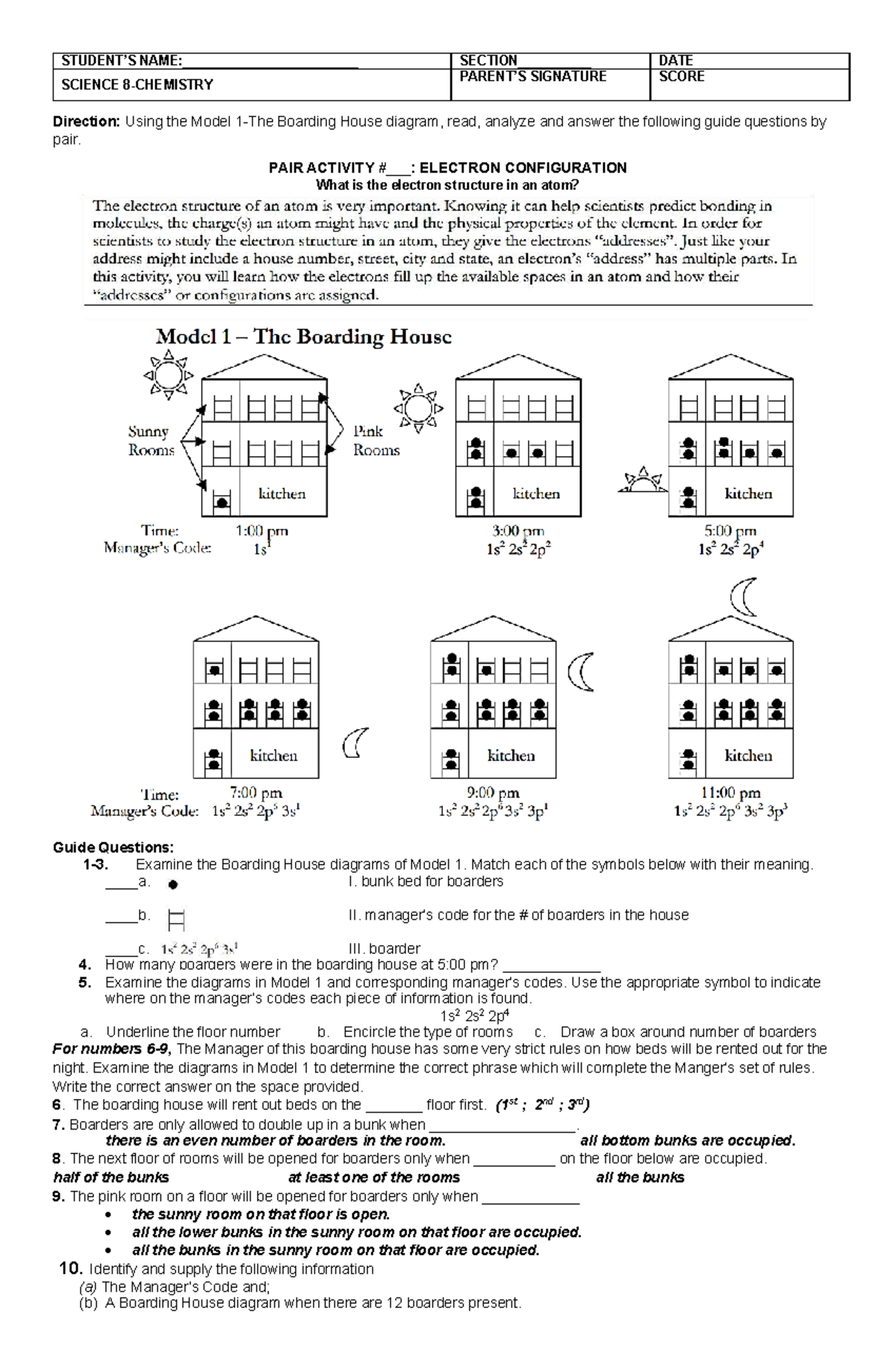 SCIENCE PAIR ACTIVITY: Electron Configuration & Boarding House Model ...