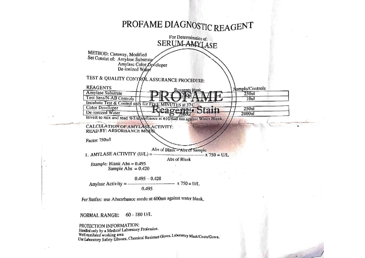 Amylase Lab Notes - PROFAME Diagnostic Reagent Method - Studocu