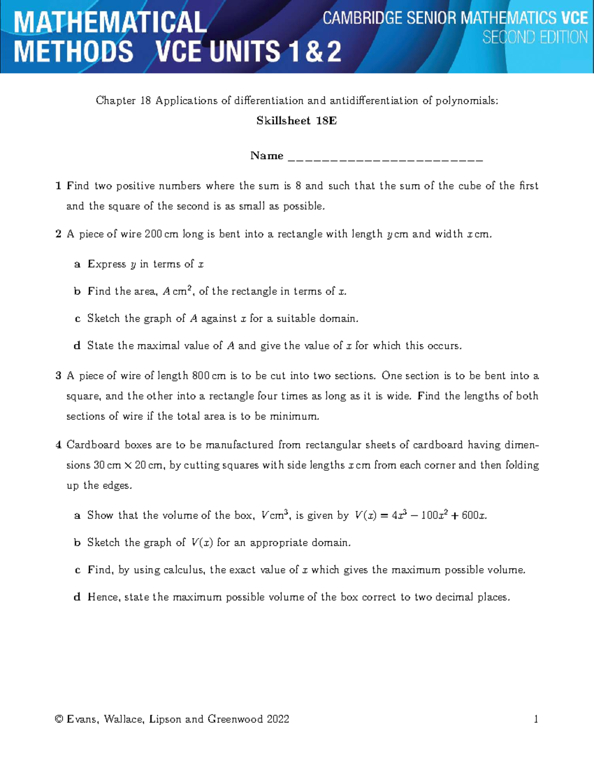 Chapter 18E Skillsheet: Applications of Differentiation ...