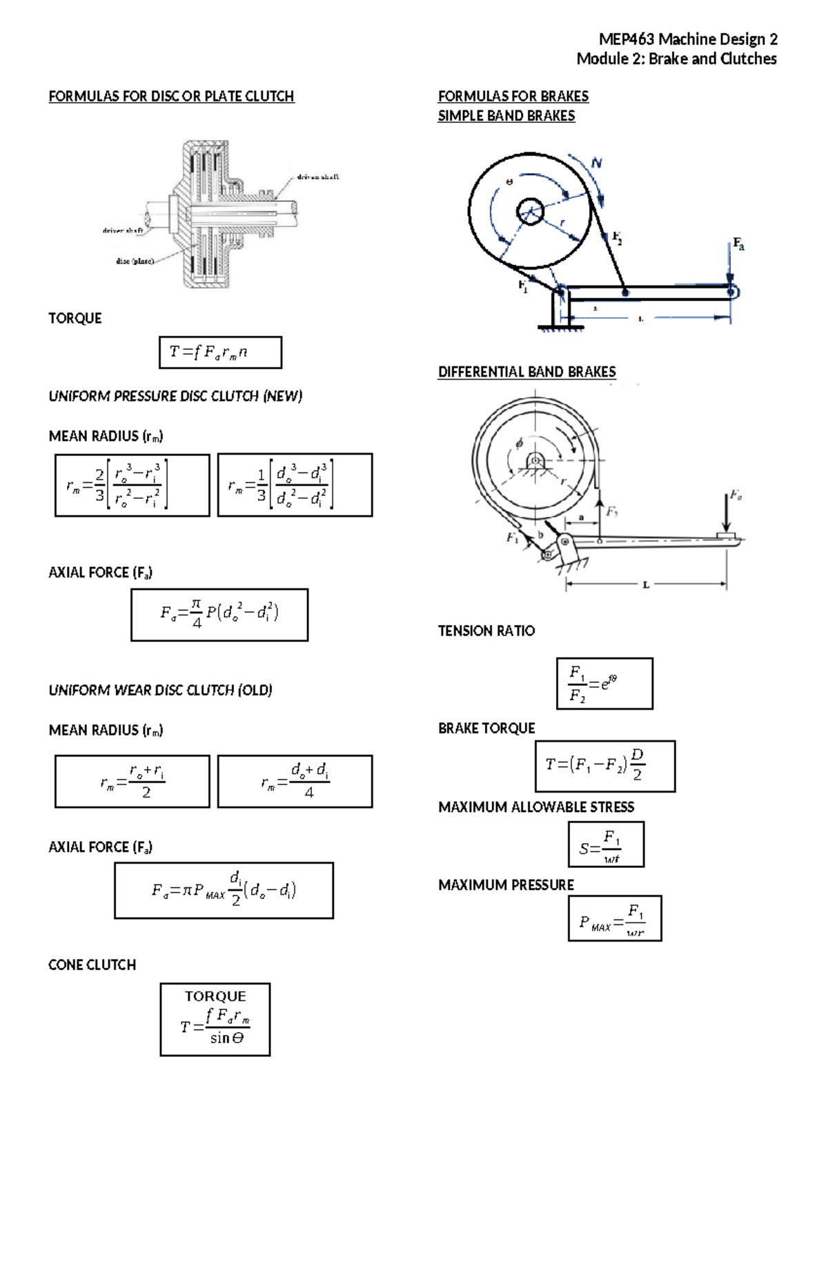 Module 2: Brake and Clutches - Formulas and Problem Sets - Studocu