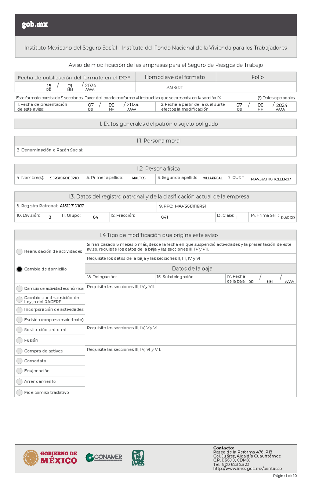 Formato AM-SRT: Aviso de Modificación para el Seguro Social - Studocu