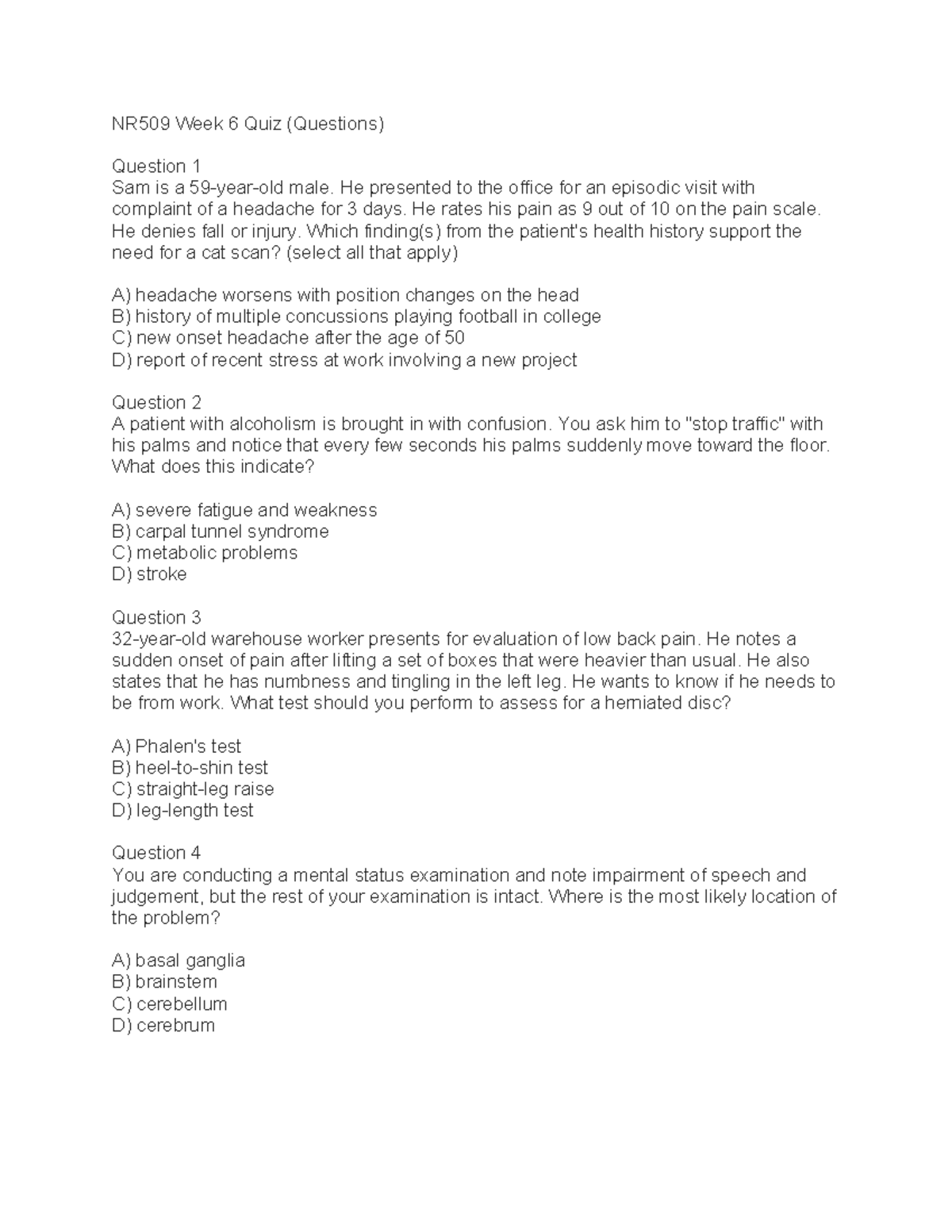 NR509 Week 6 Quiz - Comprehensive Questions on Headache and Pain ...