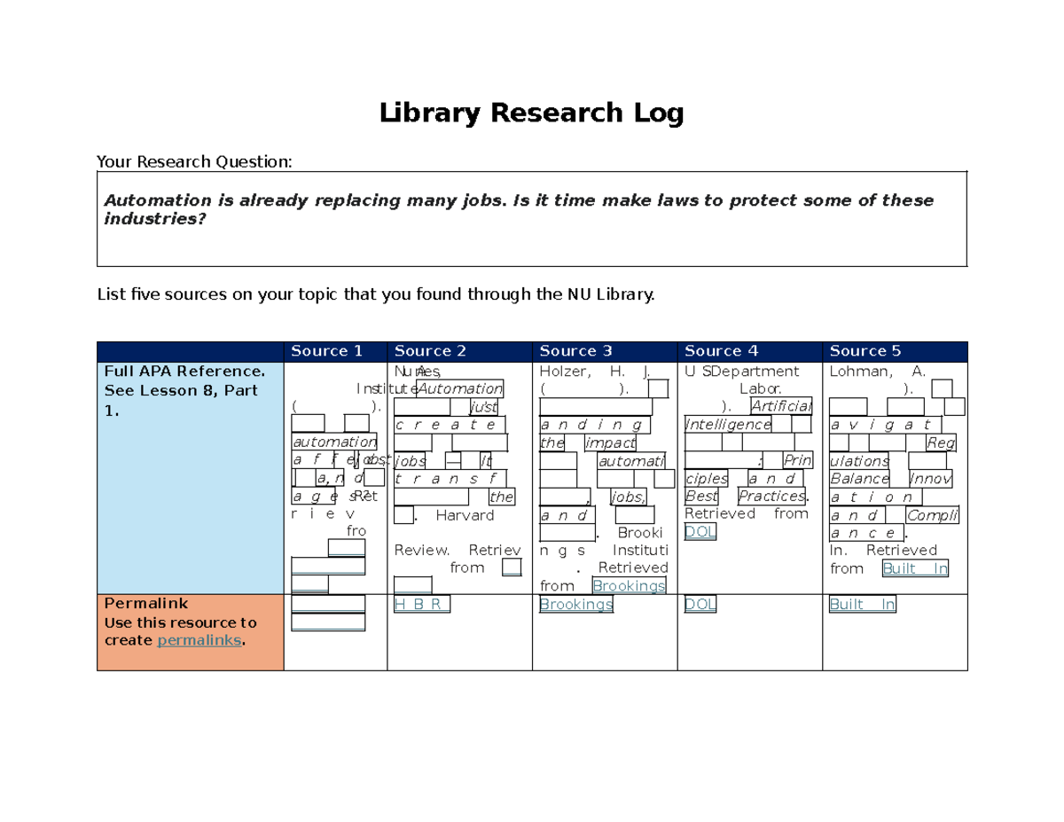 Library Research Log: Automation & Job Protection Sources (24) - Studocu