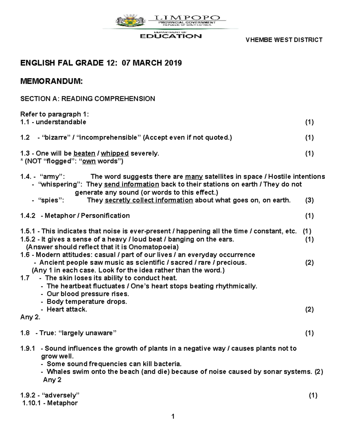 2019 FEB GRADE 12 ENGLISH FAL MEMO: READING COMPREHENSION & LANGUAGE ...