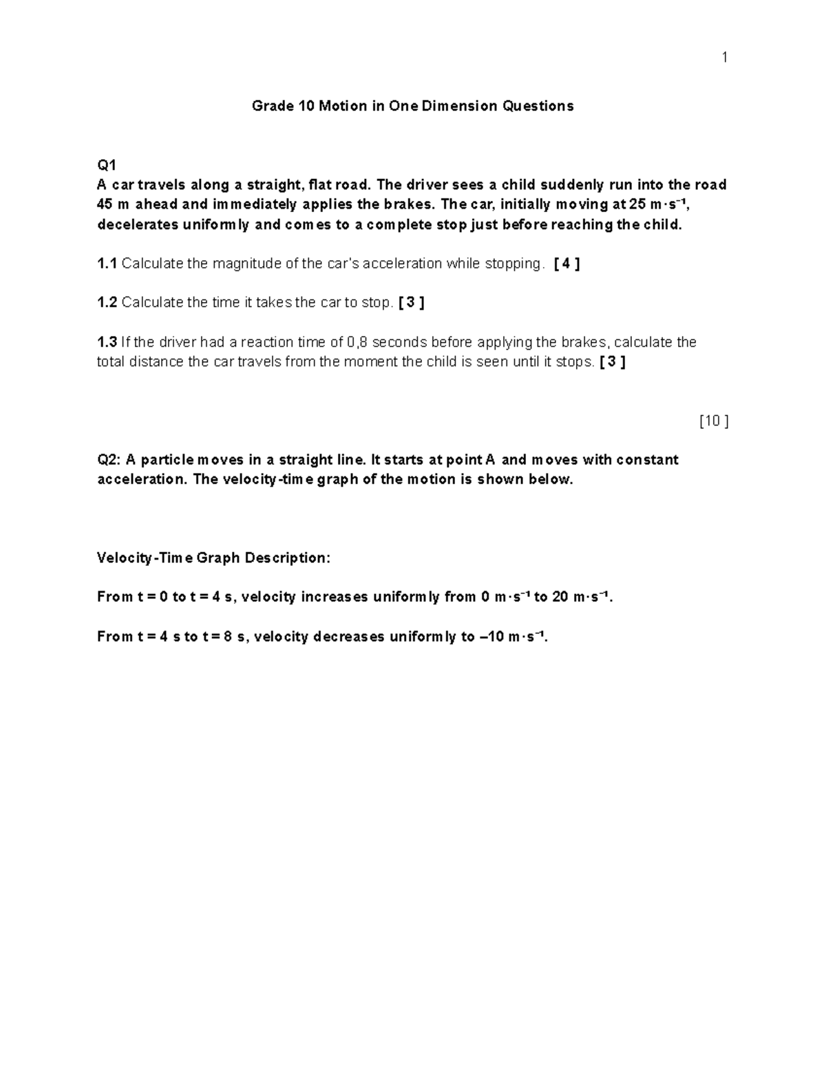 Grade 10 Physics: Motion in One Dimension Questions - Studocu