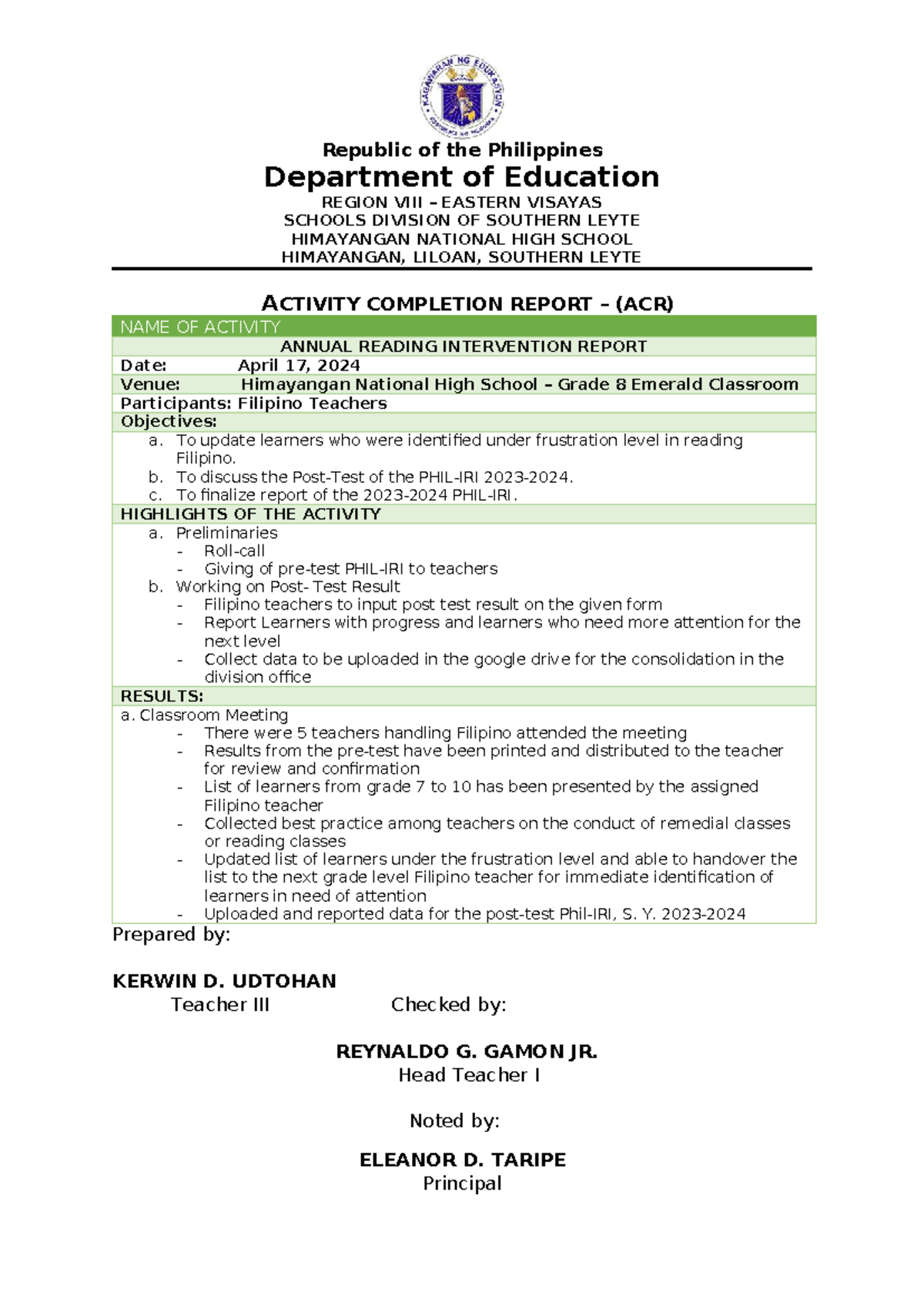 ACR-8: Annual Reading Intervention Report - Himayangan National HS ...