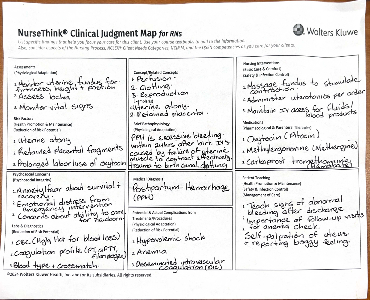 Nurse Think® Clinical Judgment Map for RNs: Postpartum Hemorrhage Care ...