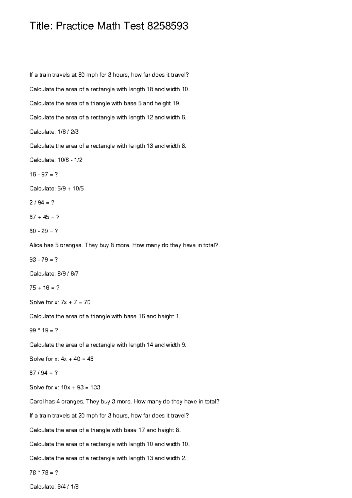 Practice Math Test 8258593 - Title: Practice Math Test 8258593 If a ...