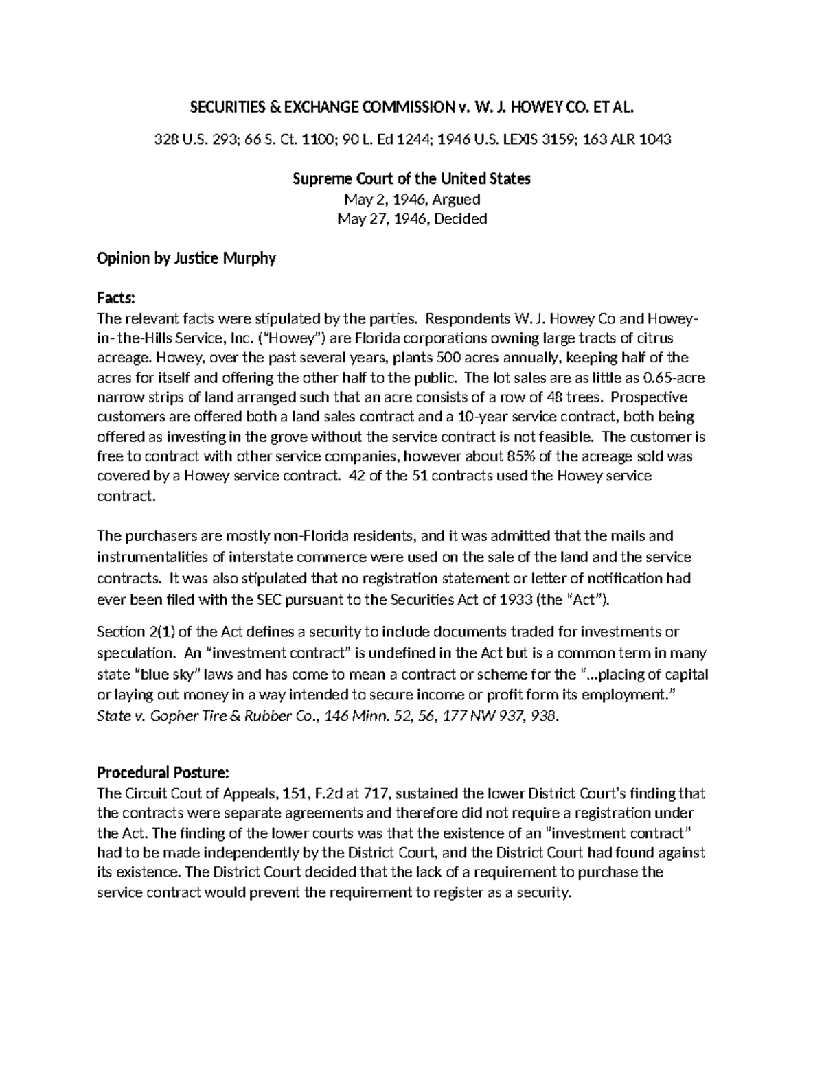 SEC v. W. J. Howey Co. Case Study - Class #3d Model Write-up - Studocu