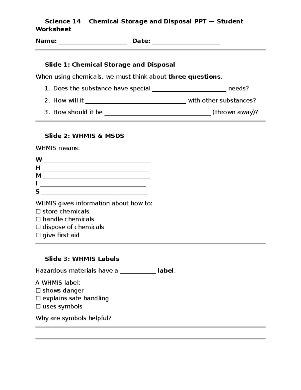 Science 14 WHMIS Chemical Safety Worksheet PPT - Studocu