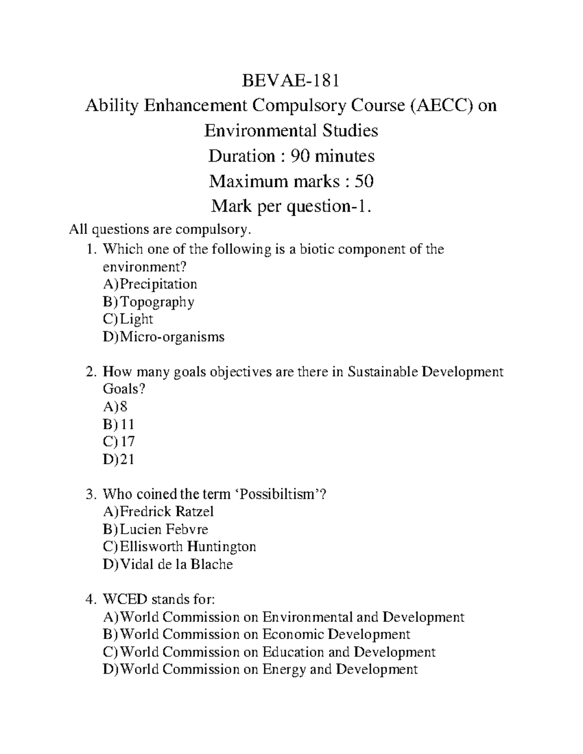 AECC Environmental Studies - Previous Year Question Paper - Studocu