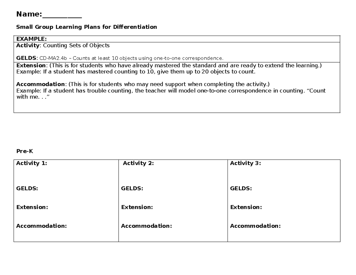 Small Group Plan for Differentiation ECCE 2360 - Name:___________ Small ...