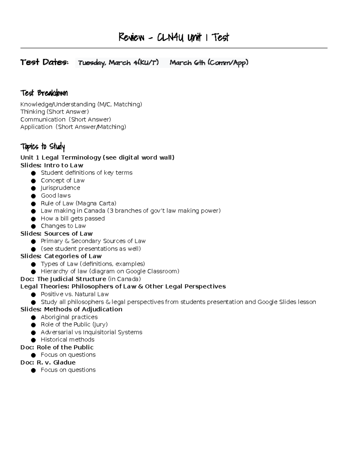 Review for CLN4U Unit 1 Test: Key Concepts & Study Topics - Studocu