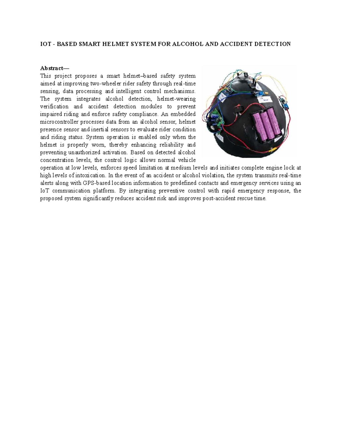 IOT-BASED SMART HELMET SYSTEM FOR ALCOHOL & ACCIDENT DETECTION - Studocu