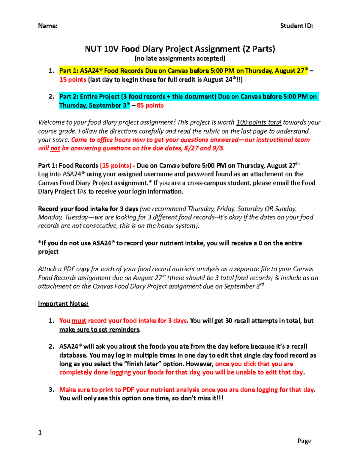 SS2'20 NUT 10 Food Diary Project Guidelines and Reflection - Studocu