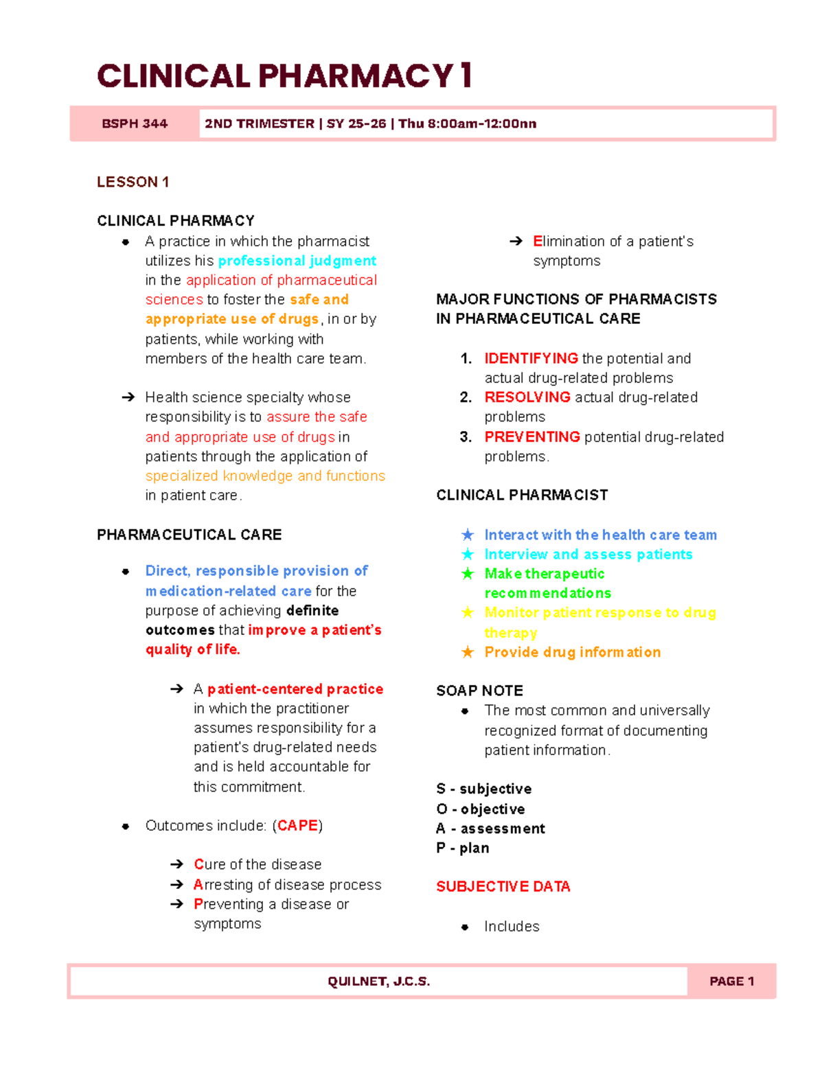 CLINICAL PHARMACY 1 BSPH 344 2ND TRIMESTER LESSON NOTES - Studocu