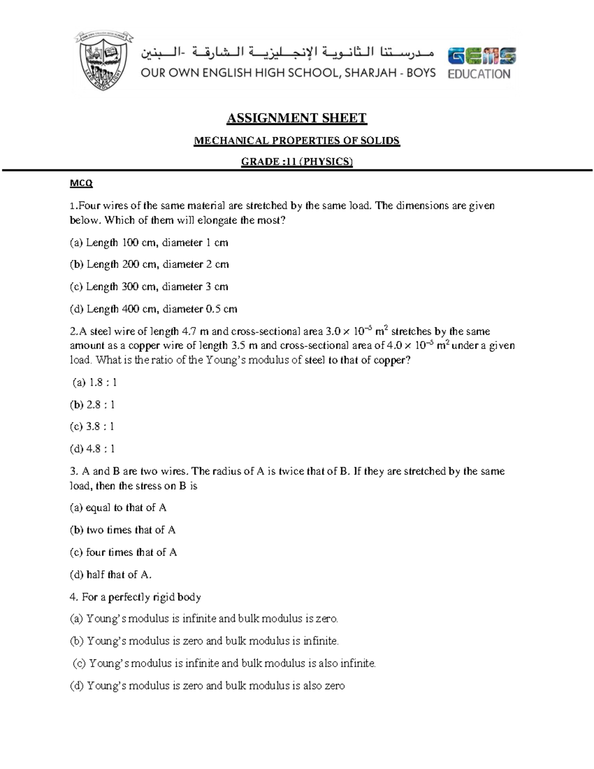 Grade 11 Physics: Mechanical Properties of Solids Assignment Sheet ...