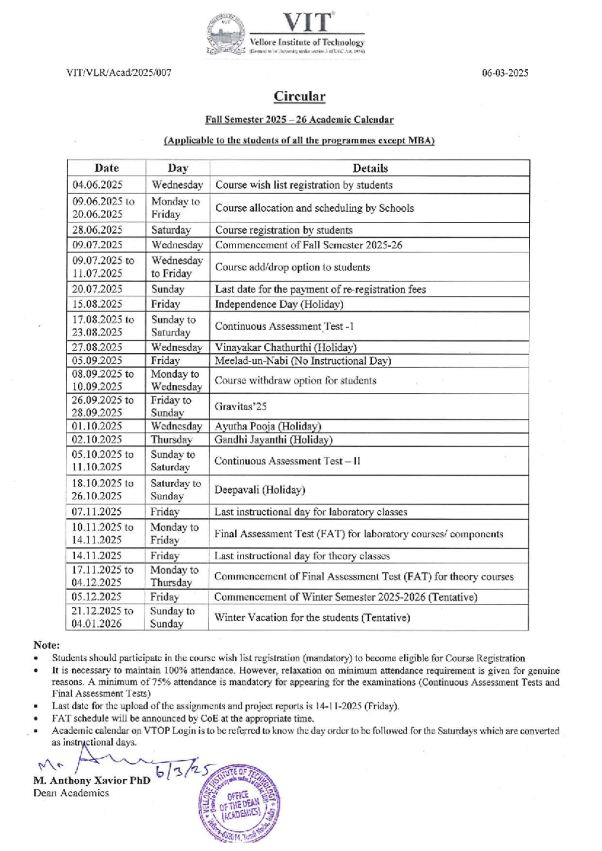 Academic Calendar for Fall Semester 2025-26 at VIT Vellore - Studocu