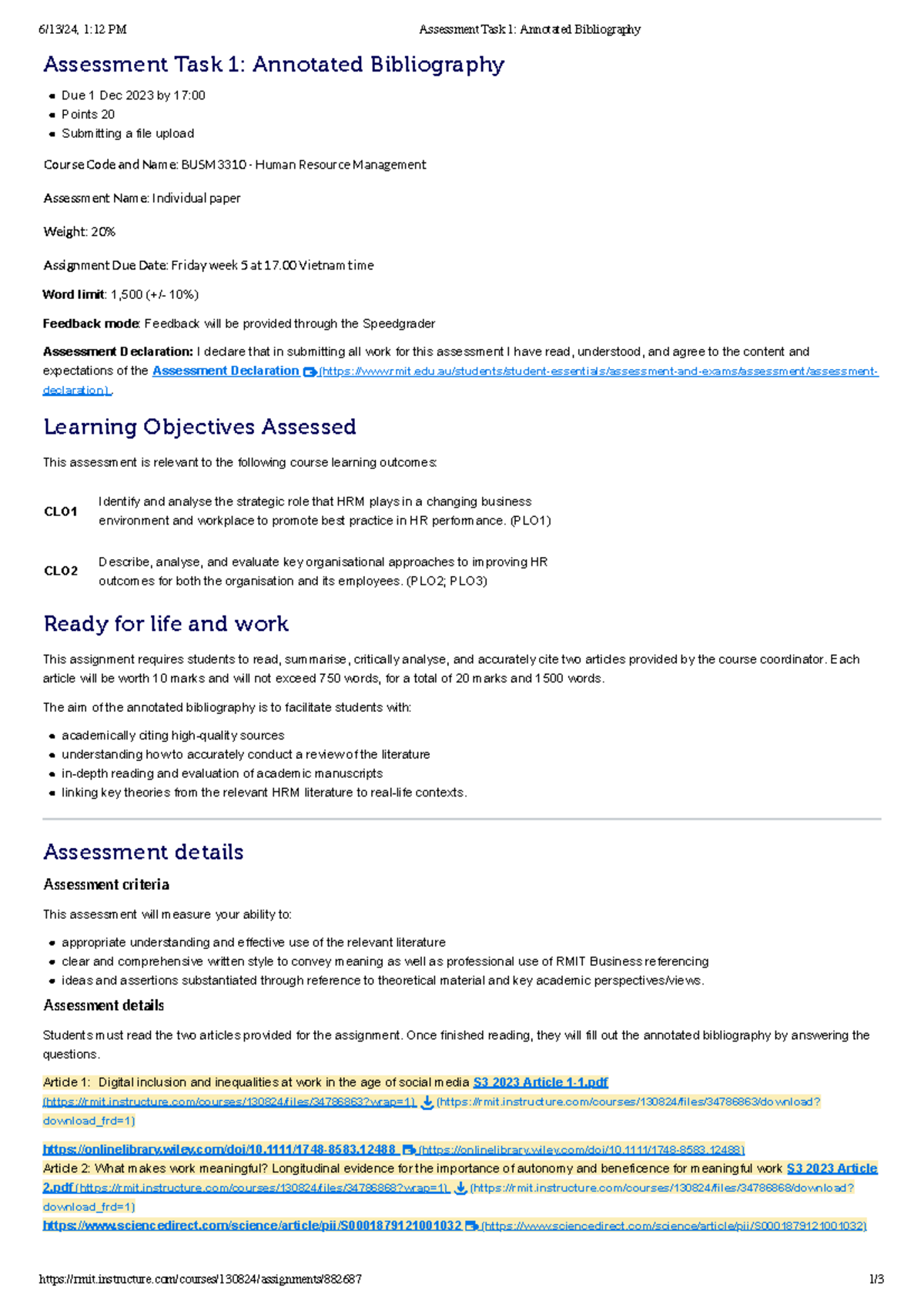 Annotated Bibliography - BUSM3310 Human Resource Management Task 1 ...