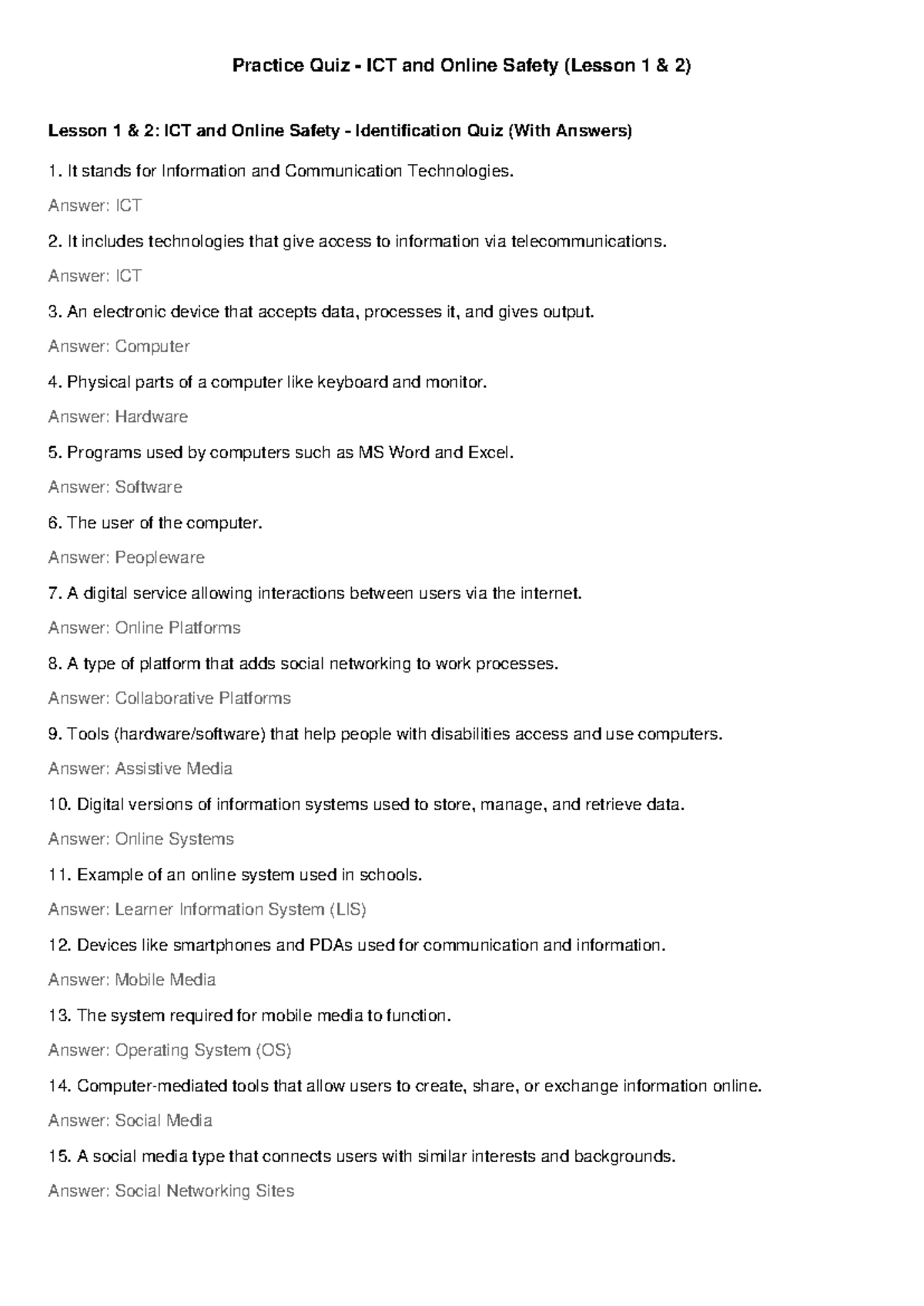 Practice Quiz ICT and Online Safety (Lesson 1-2) with Answers - Studocu