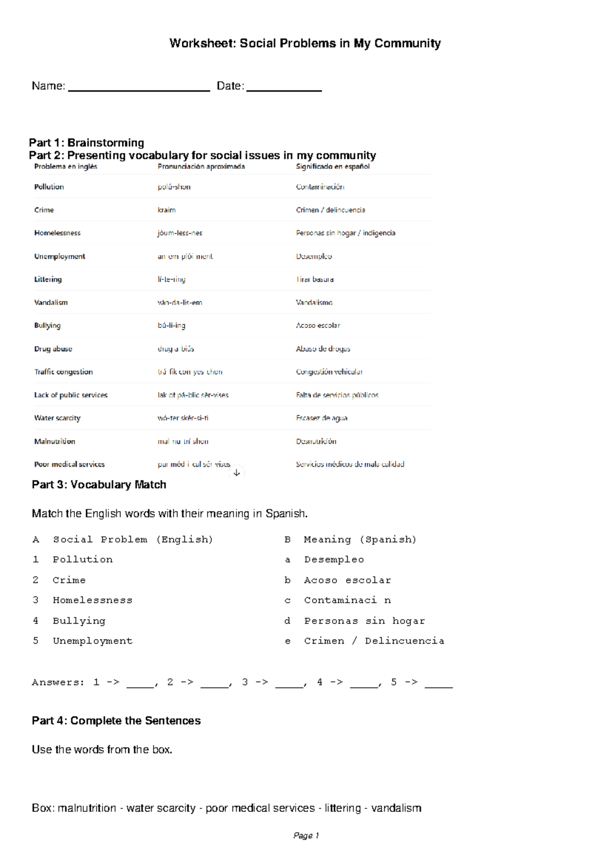 Social Problems Worksheet 9: Community Issues & Vocabulary Activities ...
