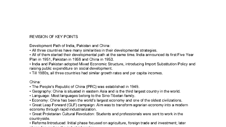 Key Points Revision: Development Paths of India, Pakistan & China - Studocu