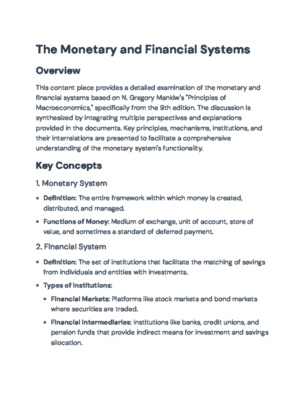 Monetary and Financial Systems: Insights from Mankiw's Macro (9th Ed ...