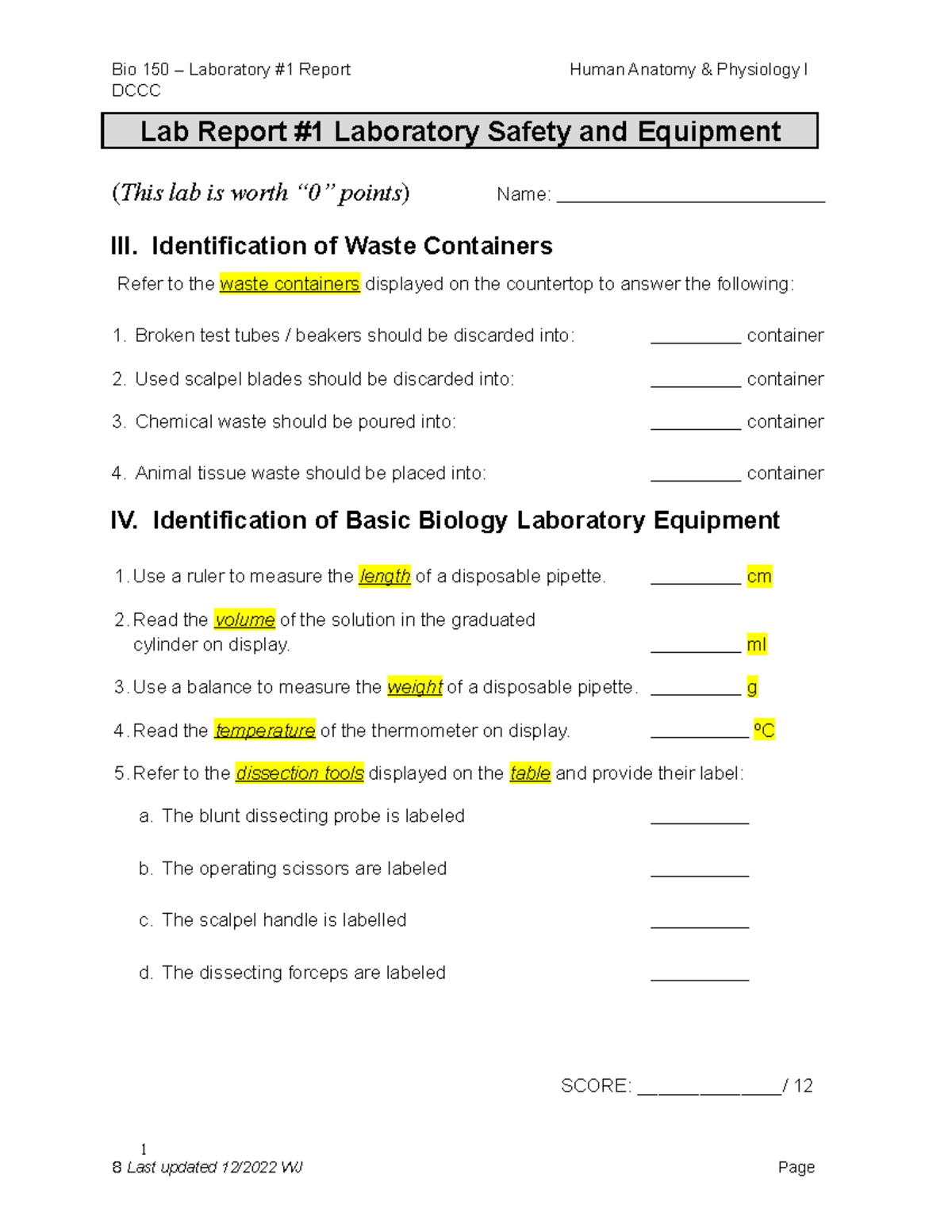 BIO 150 Lab 1 Report: Safety Procedures & Equipment Identification - Studocu