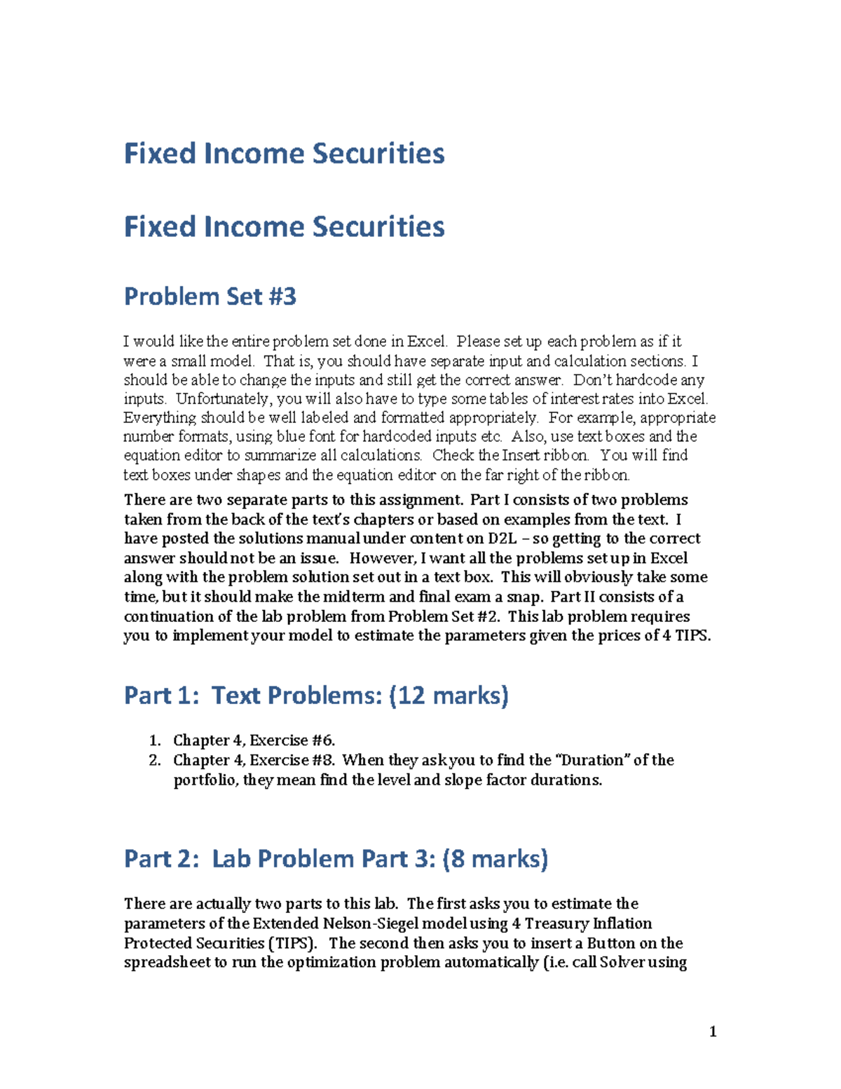 Problem Set #3: Fixed Income Securities (FIN 301) Excel Modeling - Studocu