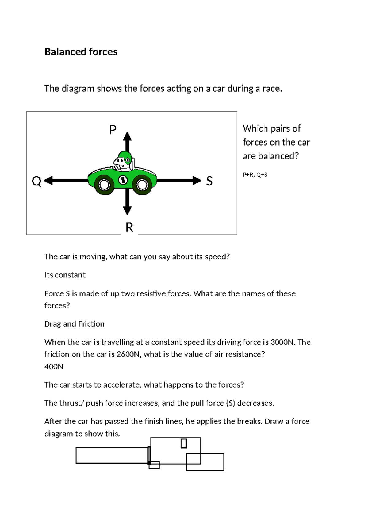 Balanced Forces Worksheet: Analyzing Forces on a Racing Car - Studocu