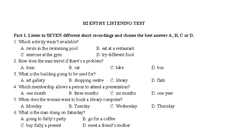 B2 Entry Listening Test: Part 1 & 2 Practice Guide - Studocu