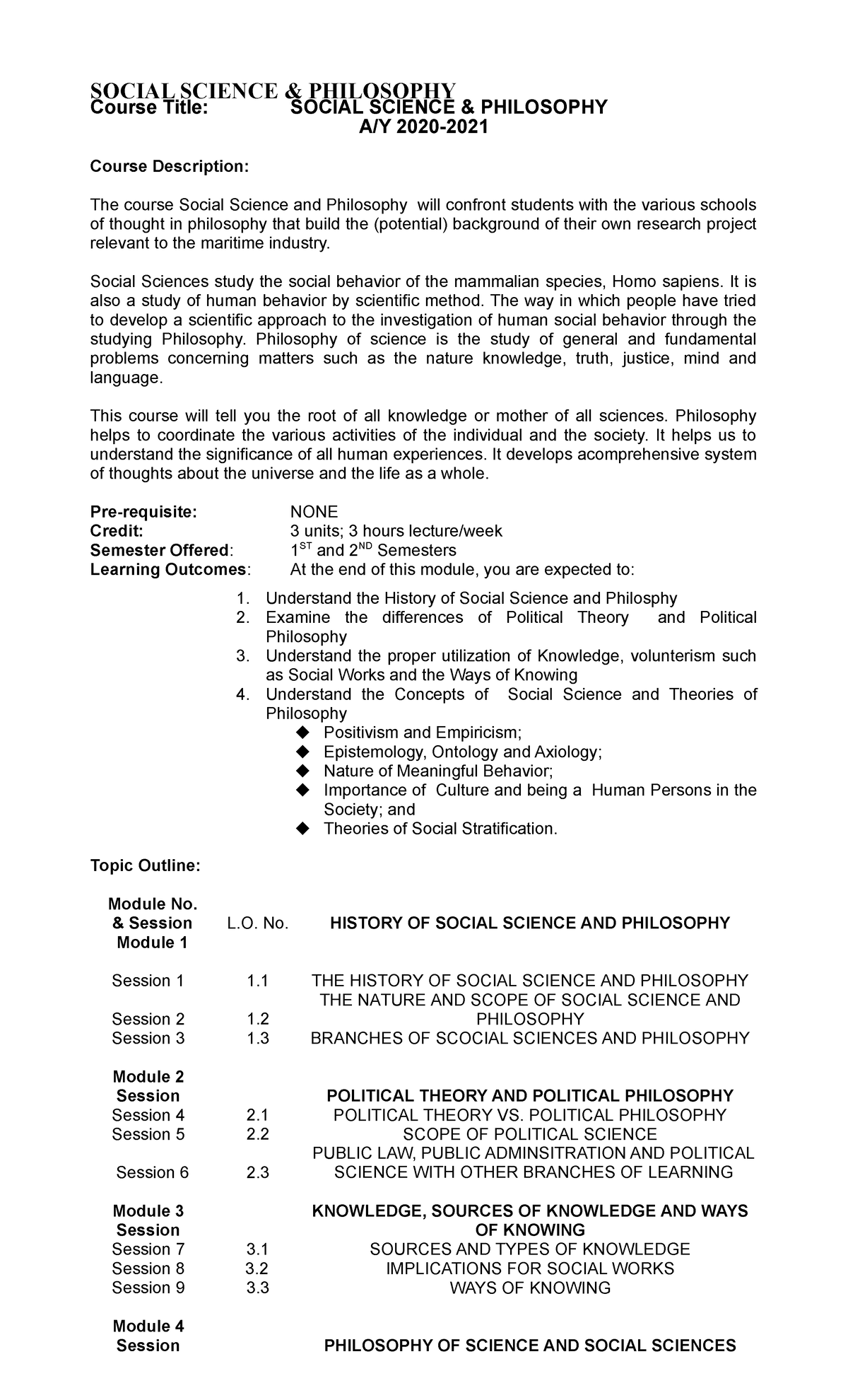 Syllabus for SS 101: Introduction to Social Science & Philosophy - Studocu