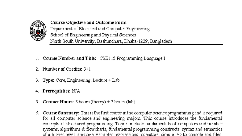 CSE115 Programming Language I: Course Objectives & Outcomes - Studocu