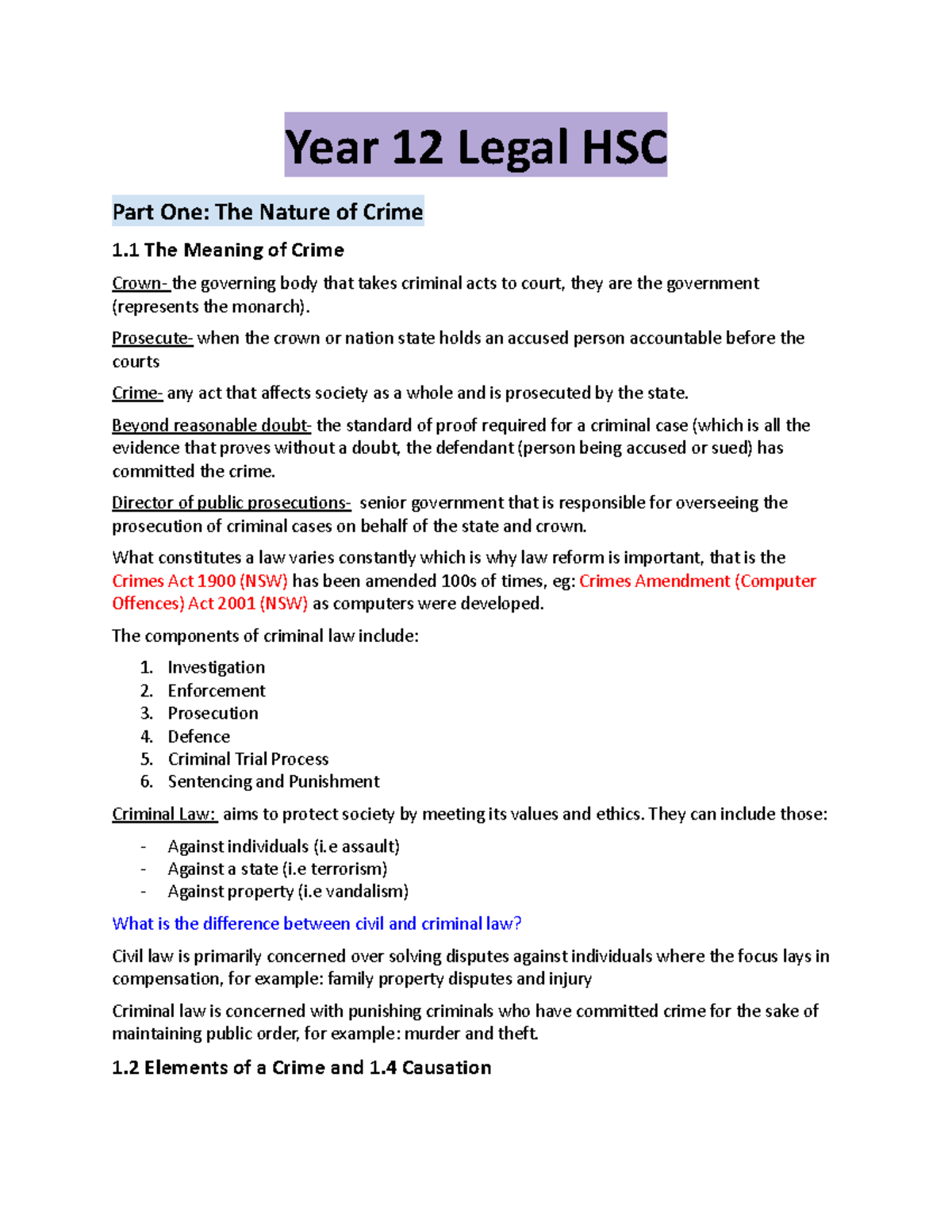 Year 12 Legal HSC: Understanding Crime and Criminal Law Concepts - Studocu
