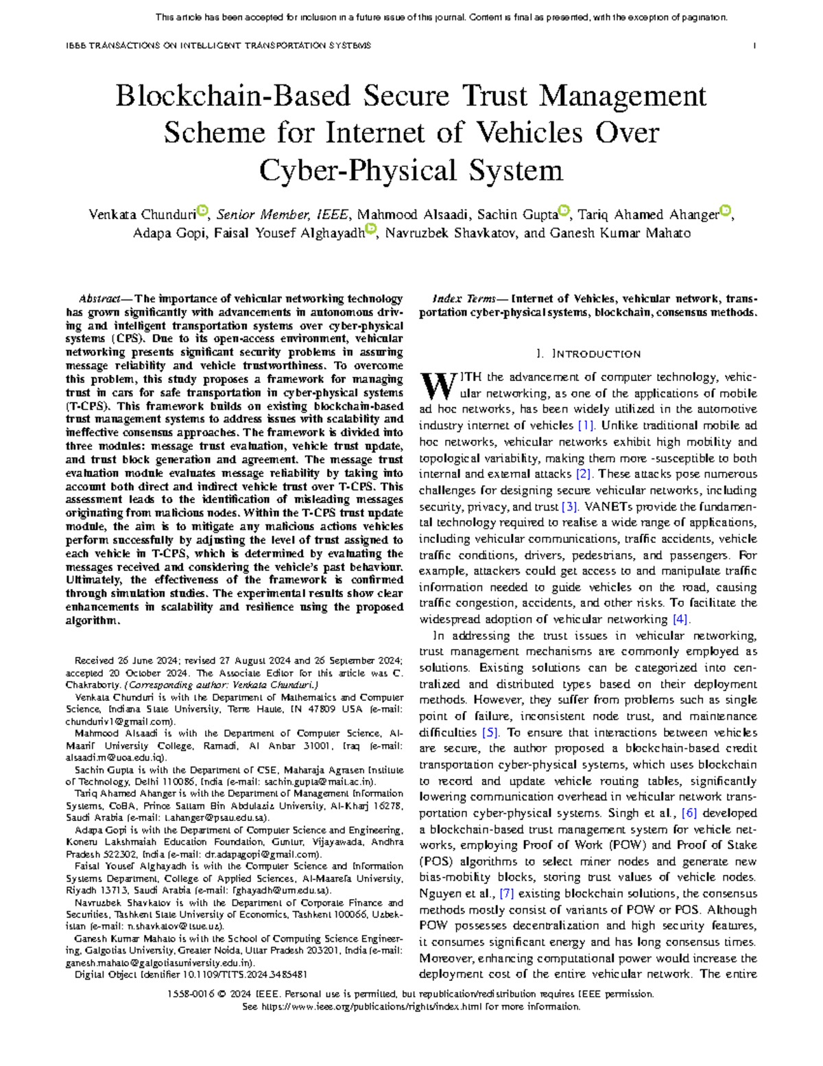Blockchain-Based Secure Trust Management for IoV in CPS - Studocu