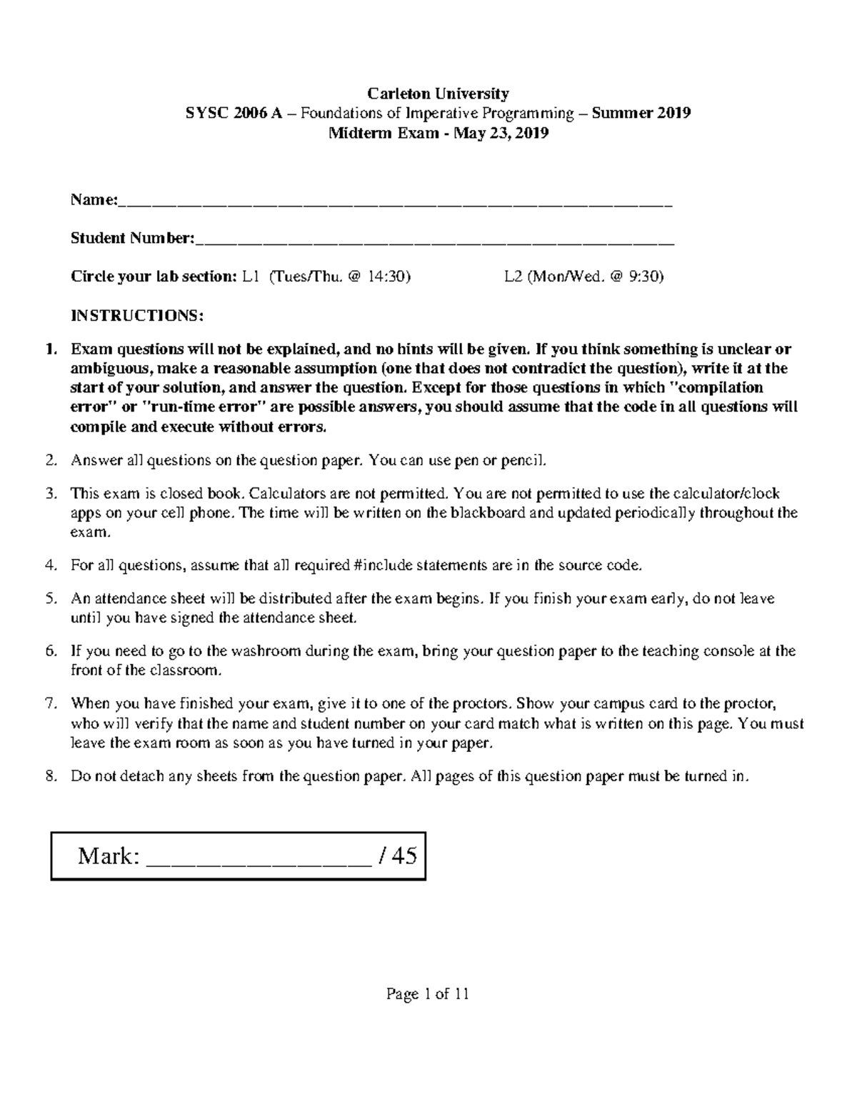 SYSC 2006 S19 Midterm Exam v2 solution - Page 1 of 11 Carleton University SYSC 2006 A ...