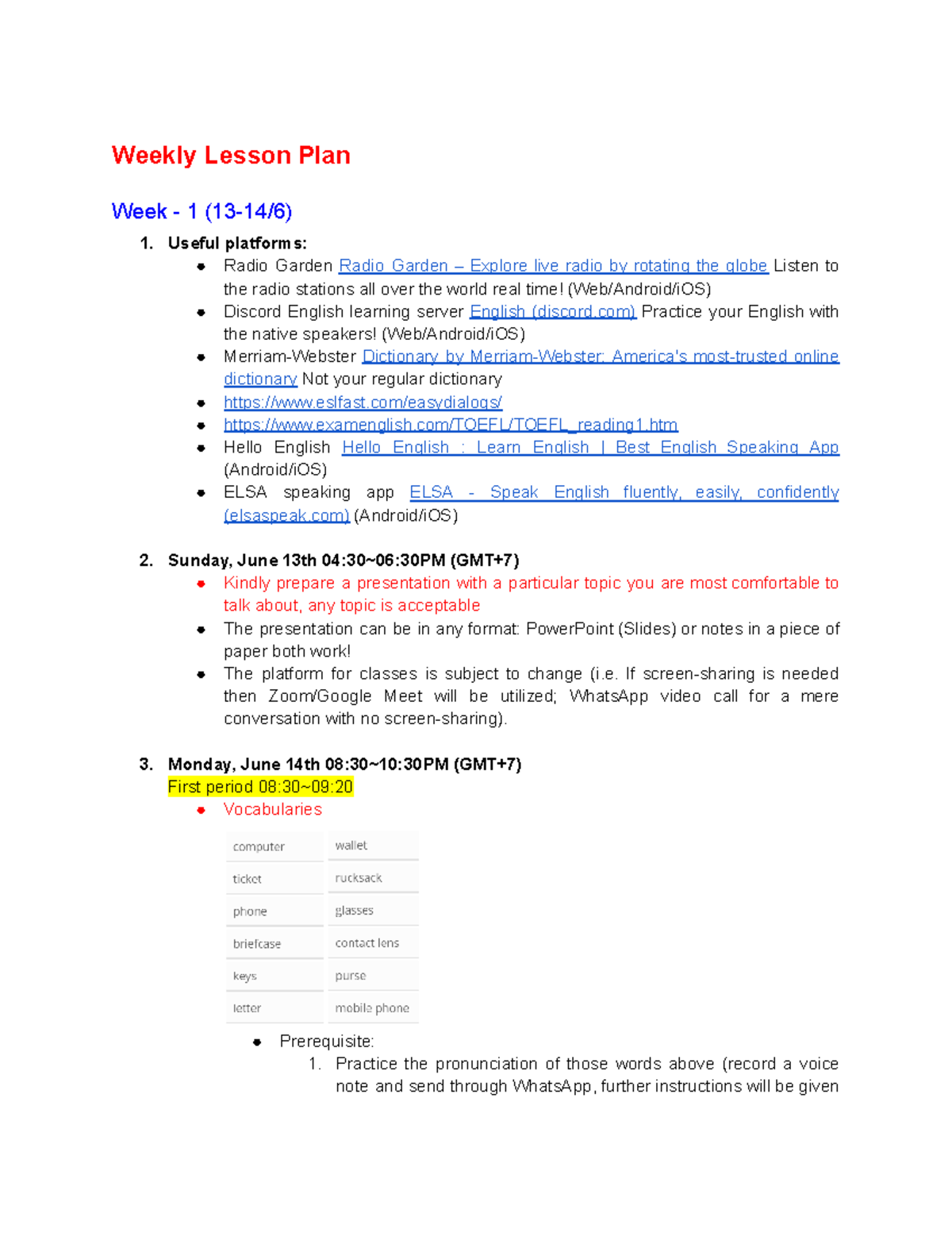 Weekly Lesson Plan for English Learning (13-14/6) - Studocu