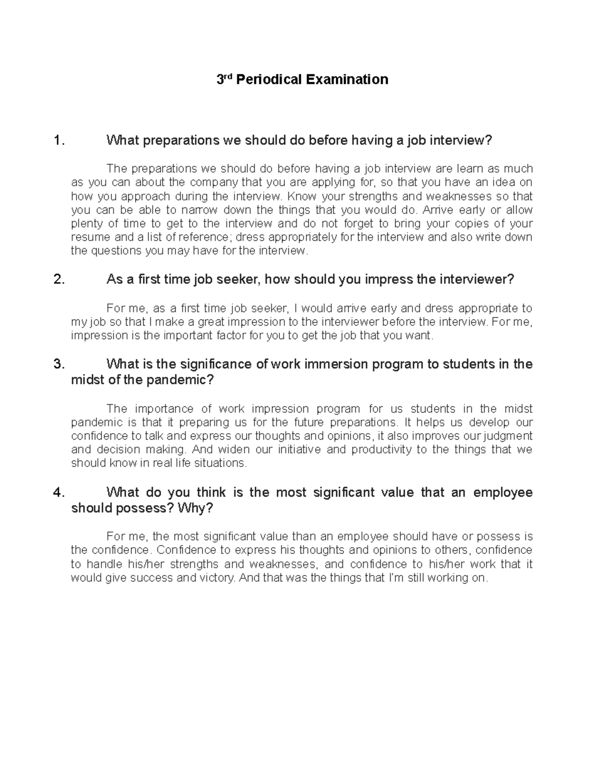 3rd Periodical Examination (Work Immersion) - 3 rd Periodical ...