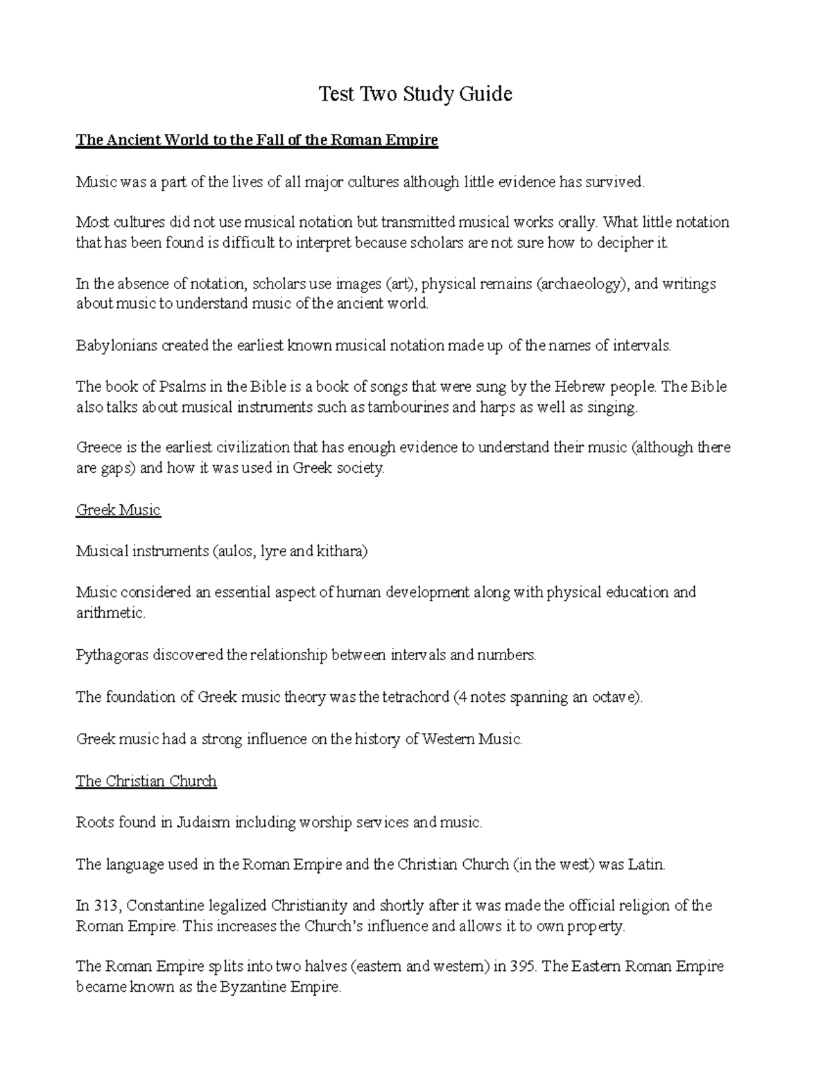 Test Two Study Guide: Music from Ancient Times to Baroque Period - Studocu