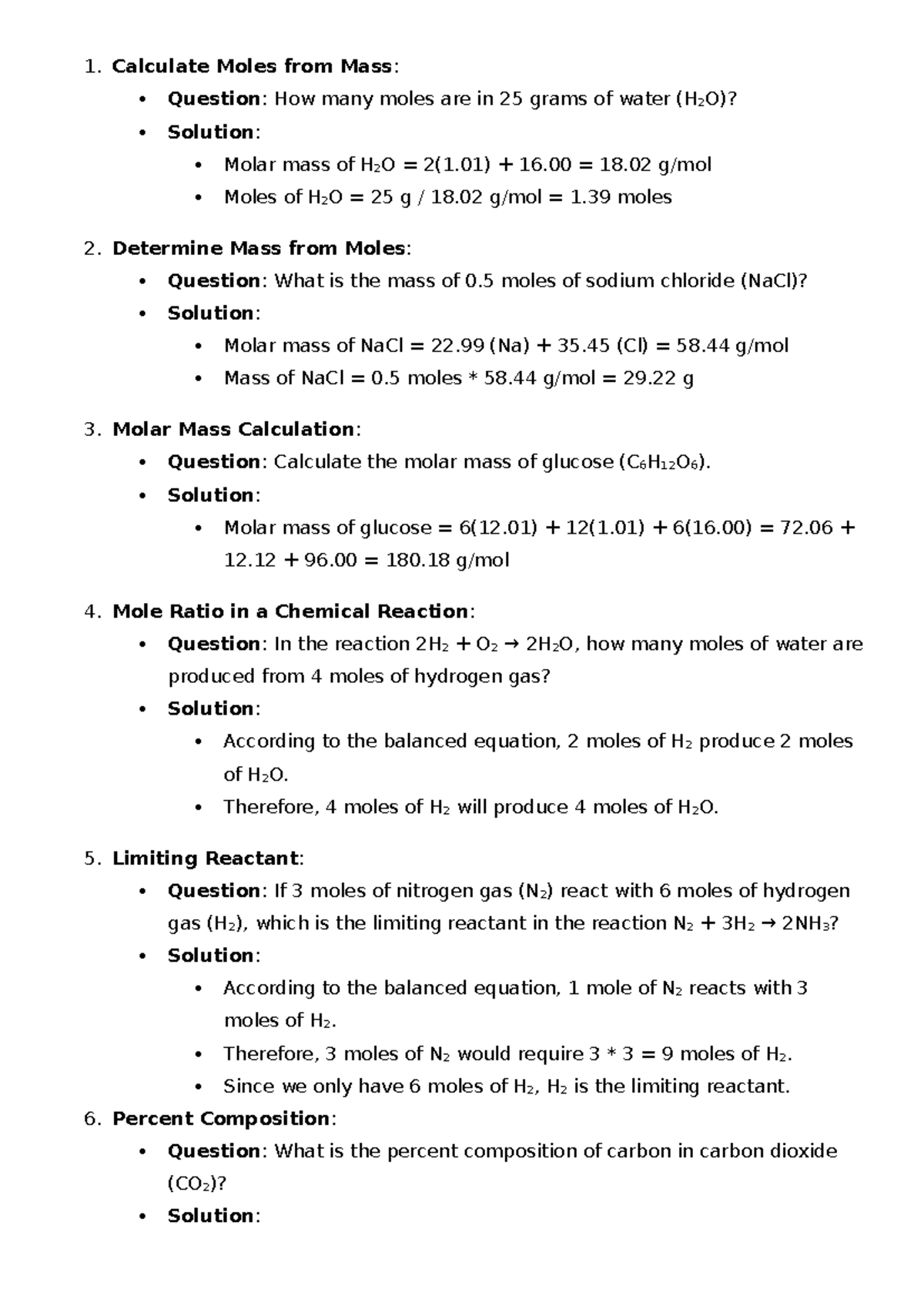 Basic Moles and Stoichiometry Q&A for Chem 101 Final Exam - Studocu