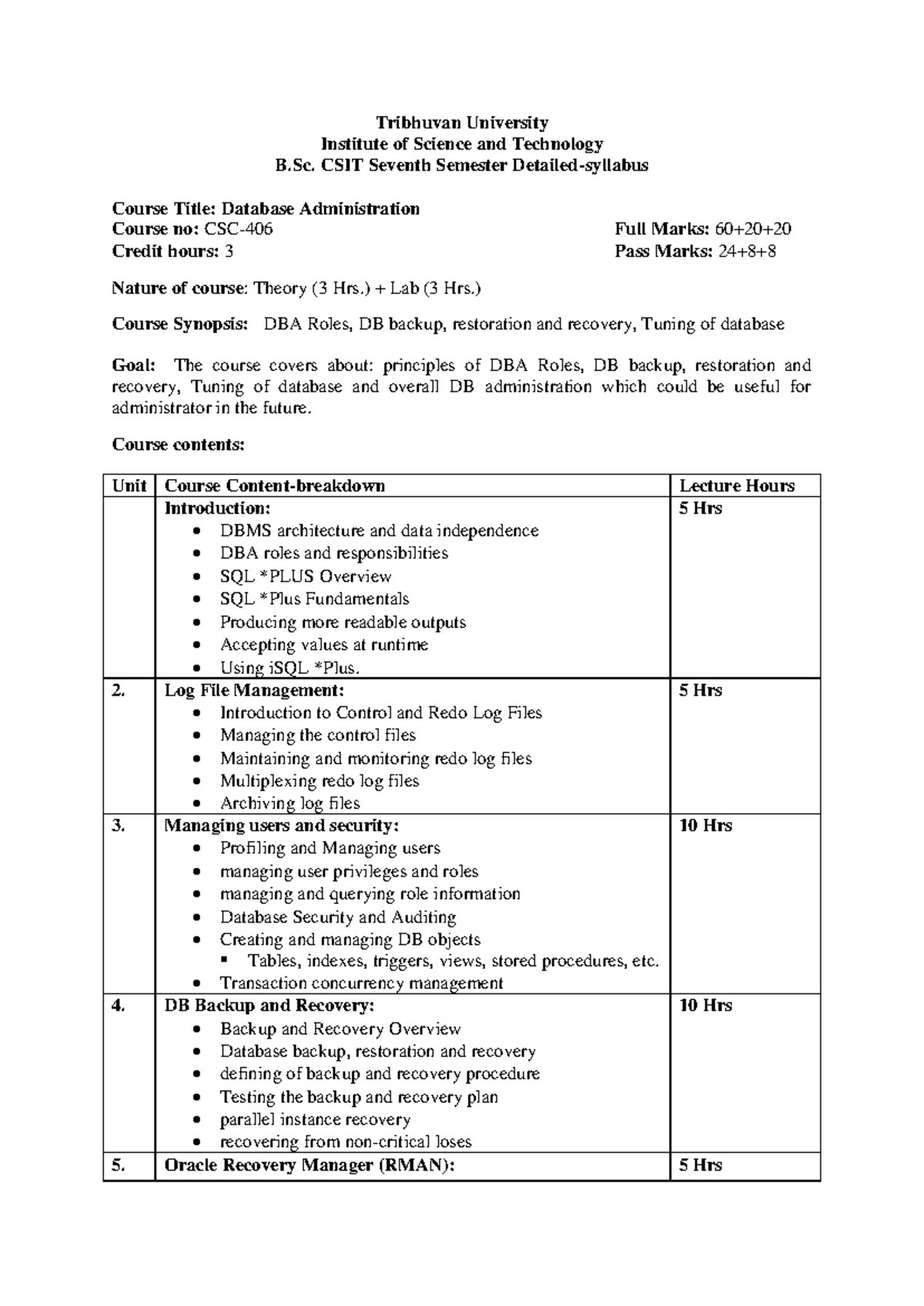 Database Administration Syllabus for BSc CSIT (CSC-406) - Seventh ...