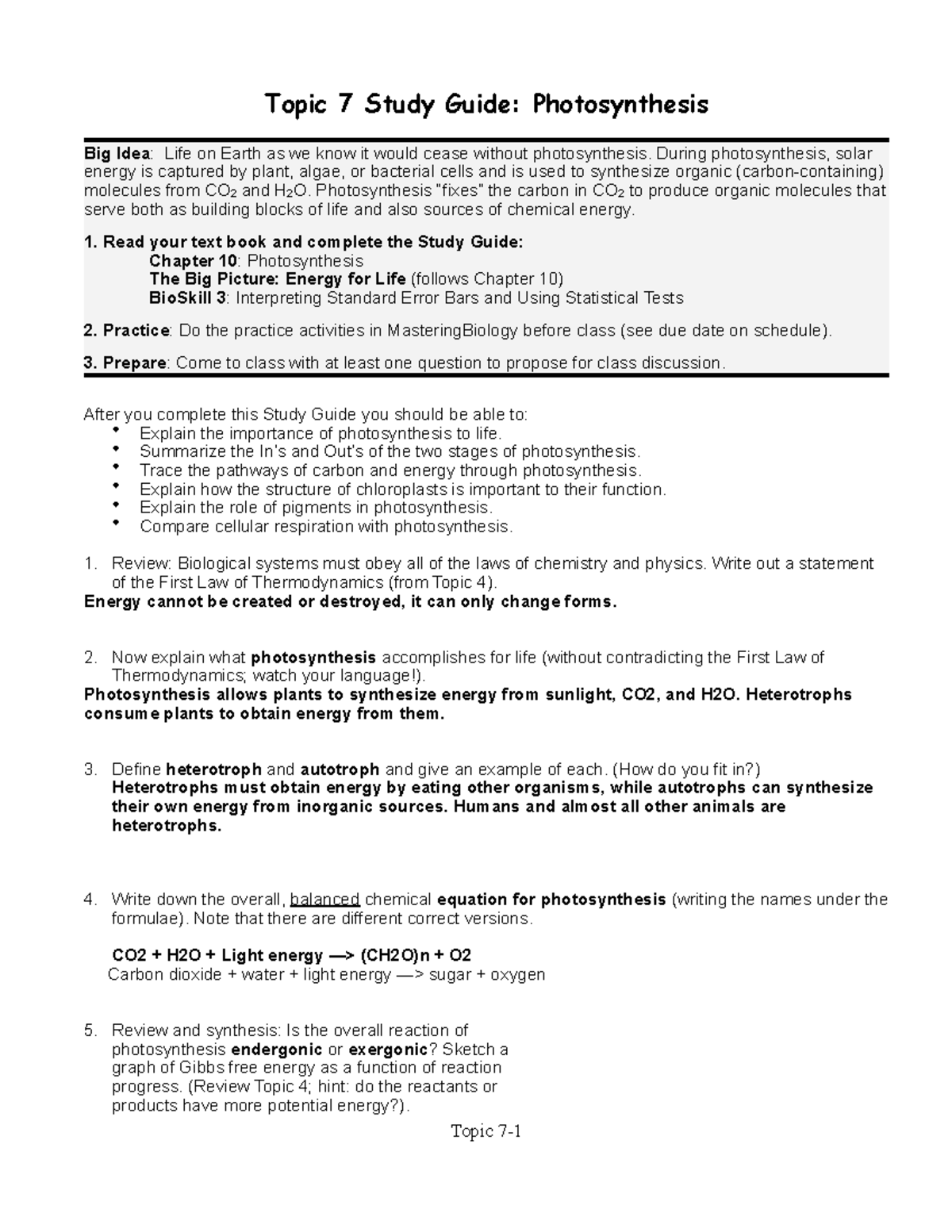 Topic 7 Study Guide: Photosynthesis and Its Importance in Life - Studocu
