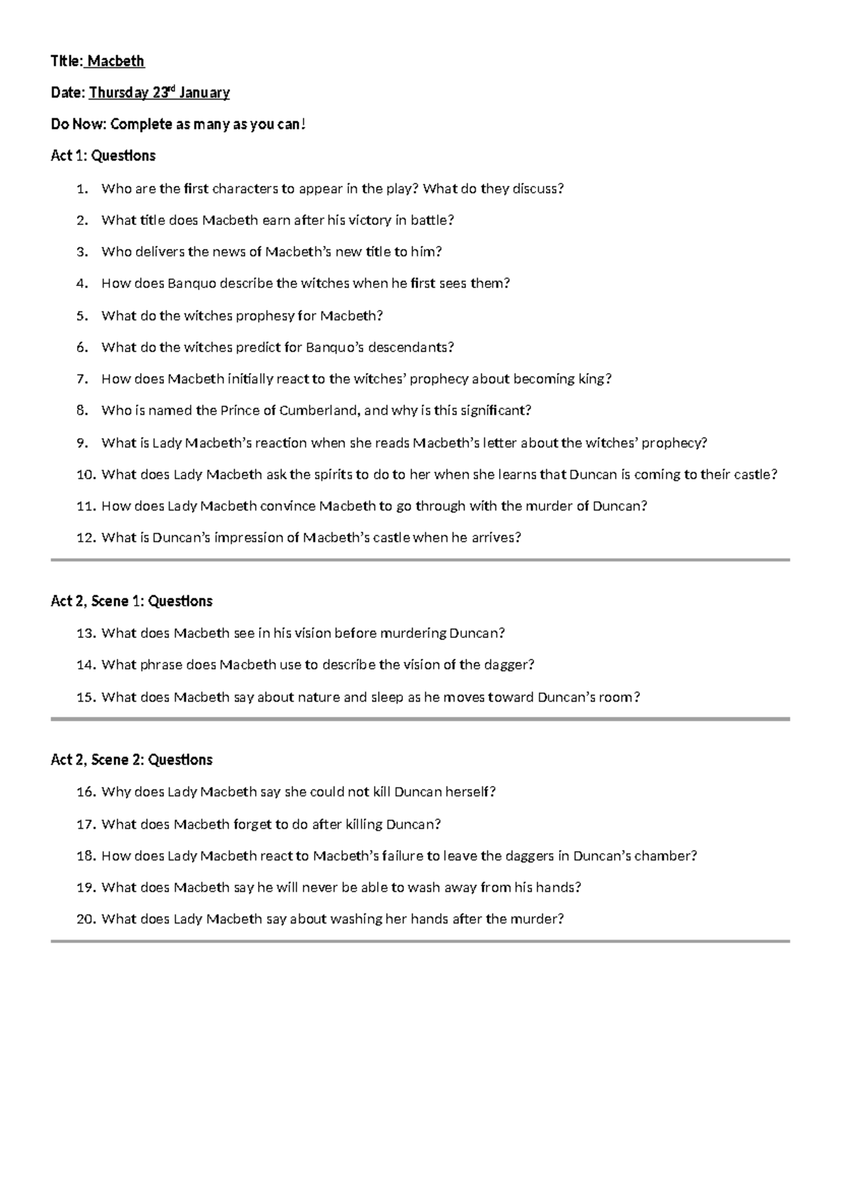 Act 1 Quiz - Macbeth Study Notes - Studocu