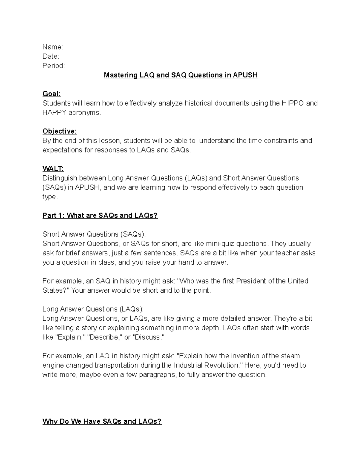 Mastering LAQ & SAQ Techniques for APUSH Success - Studocu