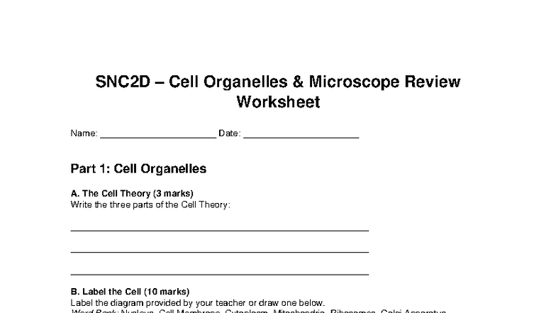 SNC2D Cell Organelles & Microscope Review Worksheet - Studocu