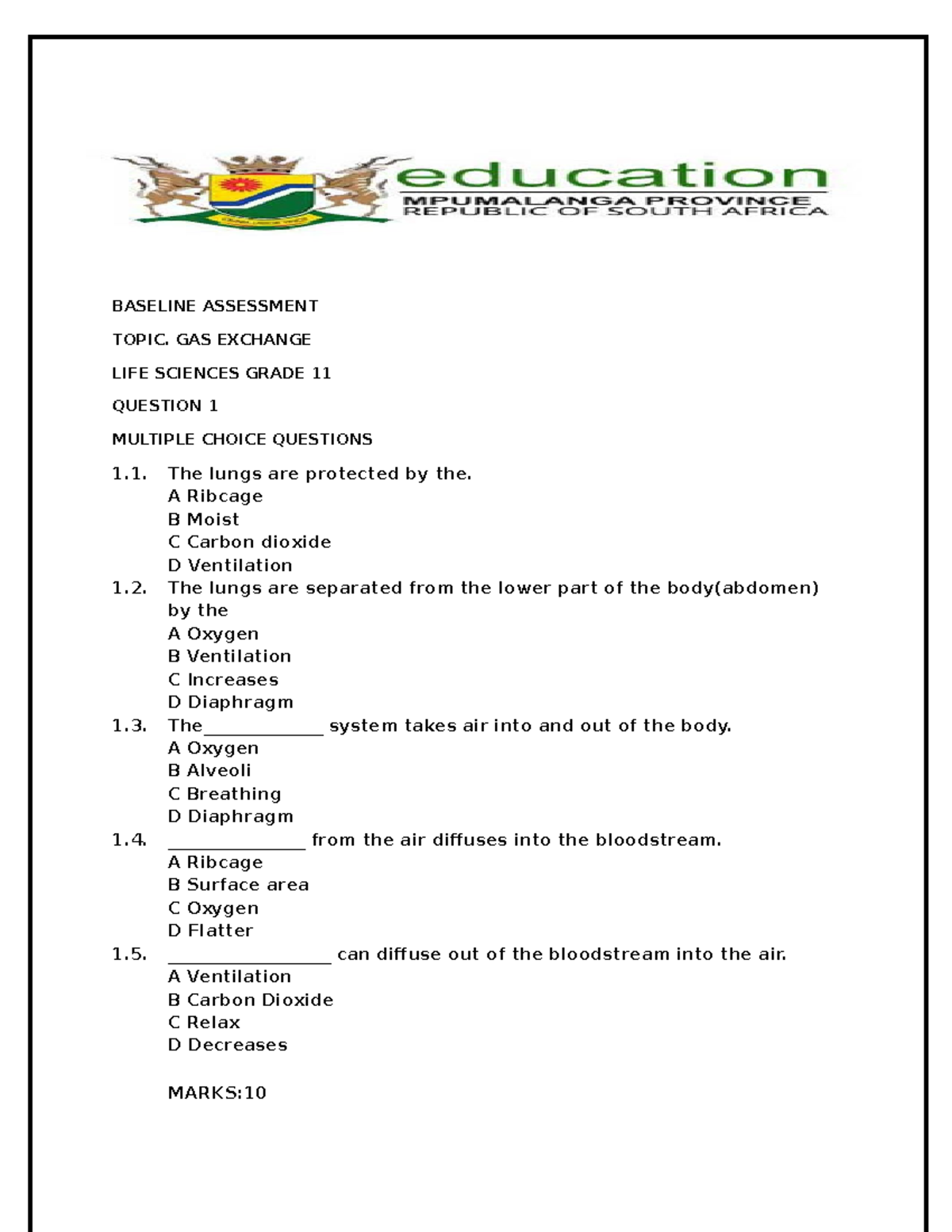 Grade 11 Life Sciences Baseline Assessment: Gas Exchange Test - Studocu