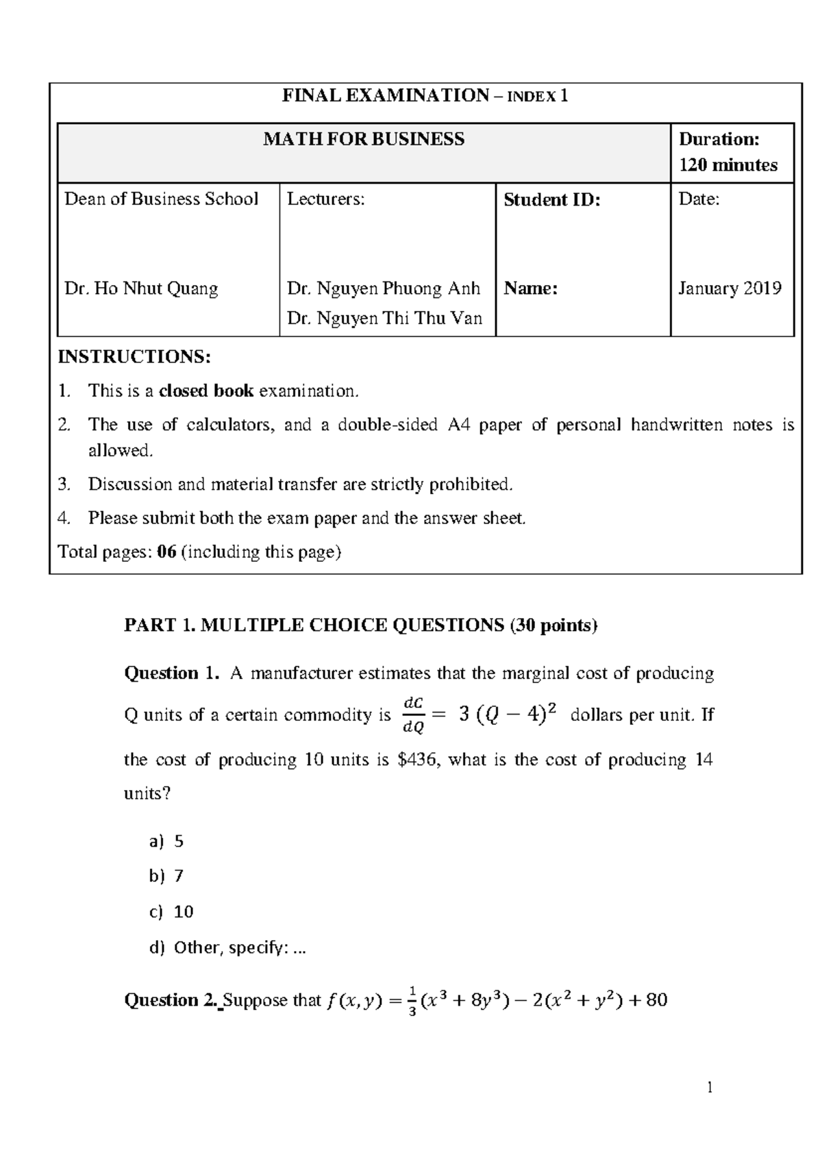 FINAL EXAM INDEX 1: MATH FOR BUSINESS (Jan 2019) - Studocu