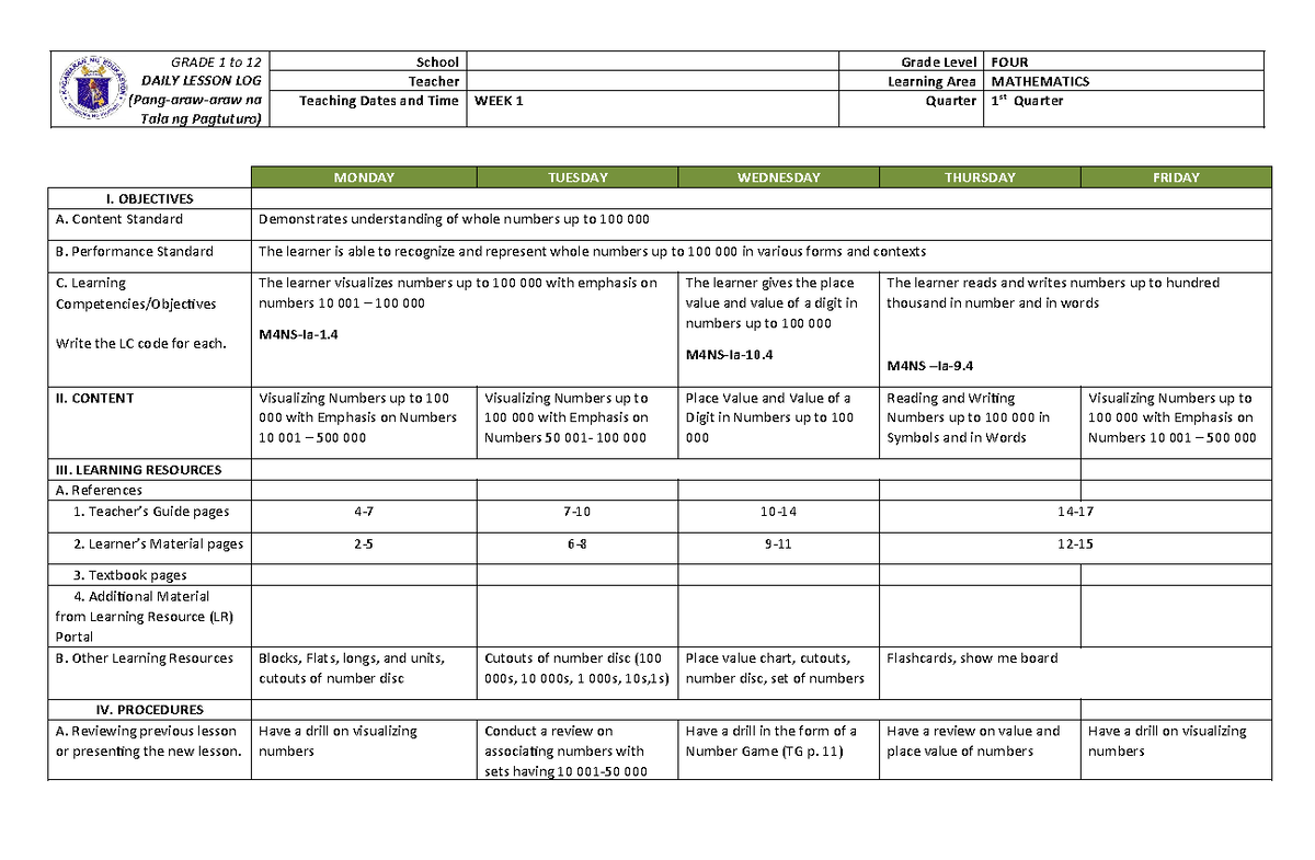 GRADE 1 to 12 DAILY LESSON LOG: WEEKLY MATH PLANS FOR GRADE FOUR - Studocu