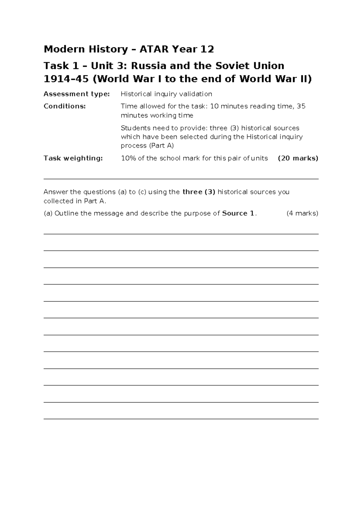 Modern History ATAR Year 12 Task 1: Russia & the Soviet Union (WWI to ...
