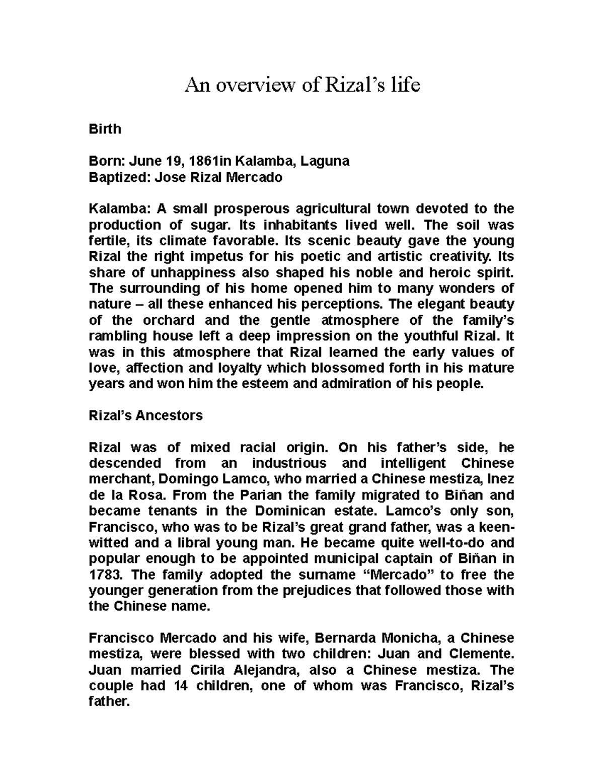 Notes in Rizal - Juan De la Cruz - An overview of Rizal’s life Birth ...